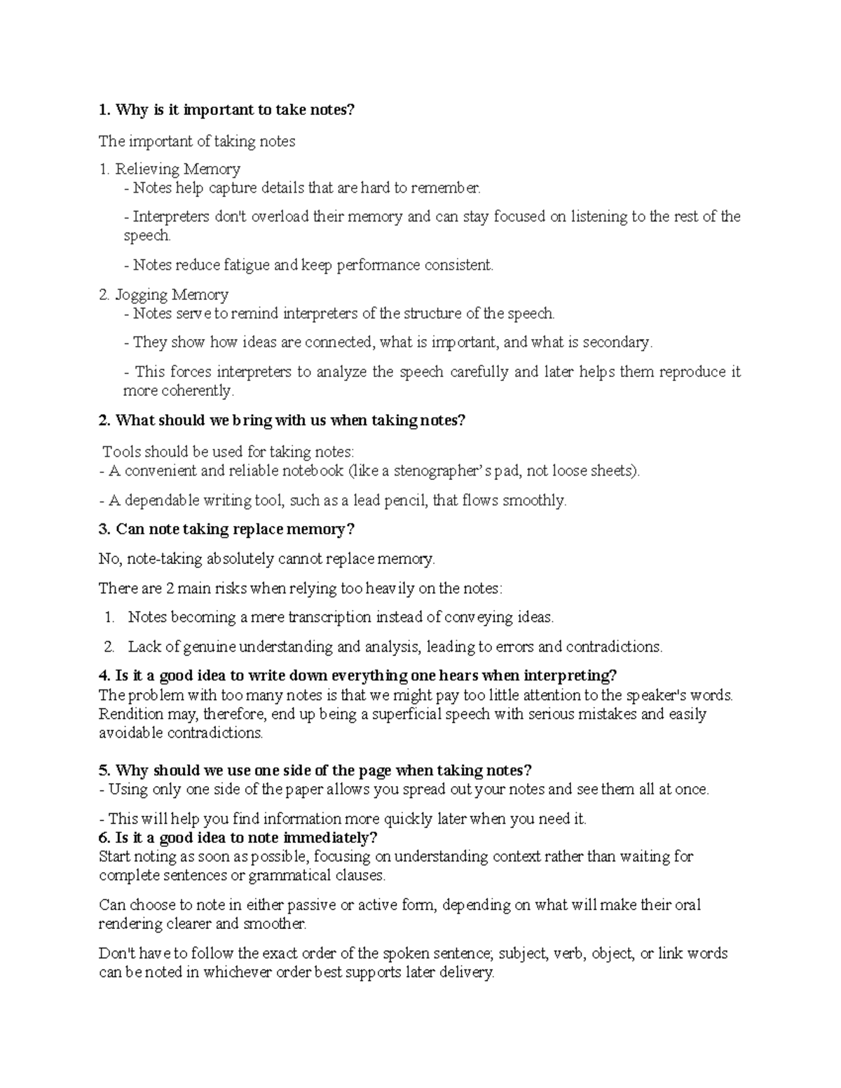 Unit 5 - Interpreting: The Importance of Note Taking - Studocu