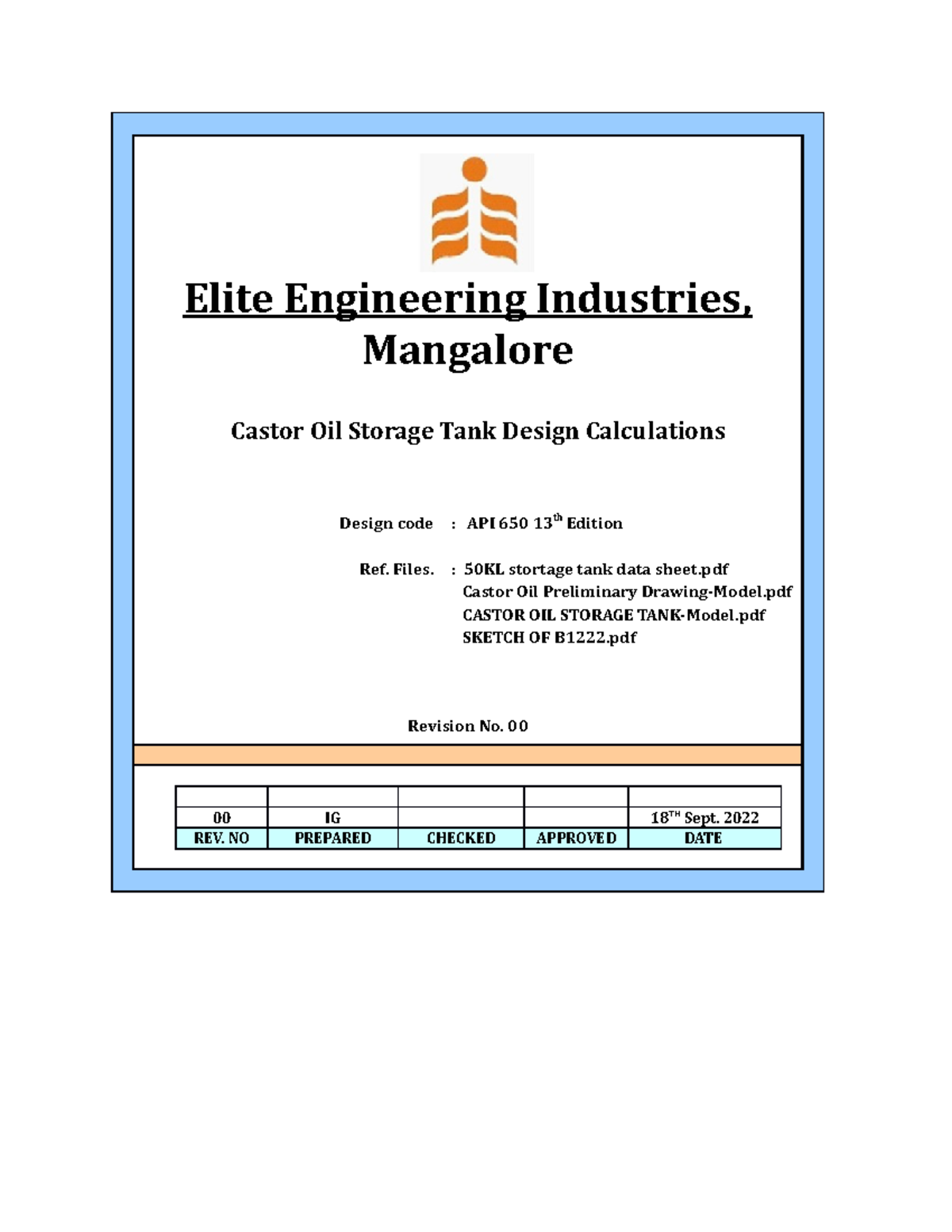 220918 Castor Oil Storage Tank Design Calculations API650 R00 - Studocu