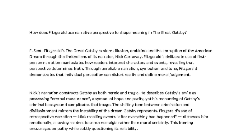 The Great Gatsby (ENG 101) - Essay on Narrative Perspective and Meaning ...