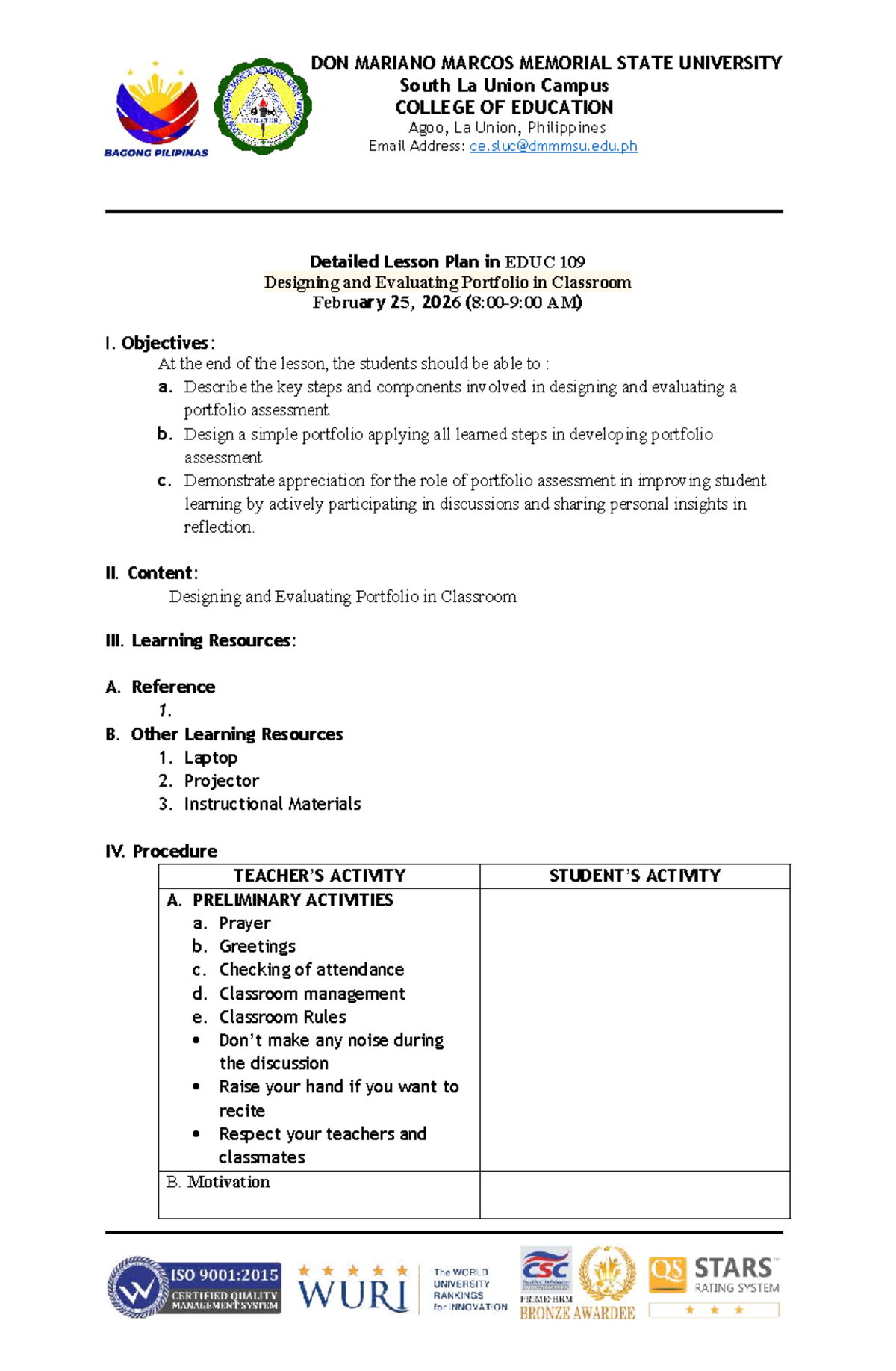 EDUC 109 Detailed Lesson Plan: Designing & Evaluating Portfolios - Studocu