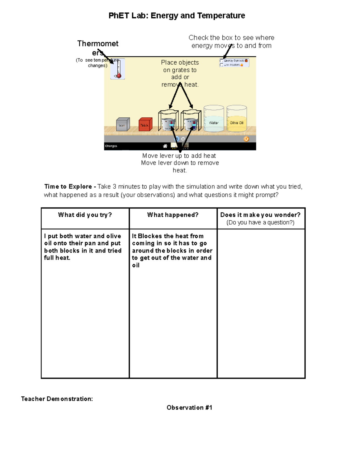 Copy of PHET Lab Energy and Temperature - PhET Lab: Energy and ...
