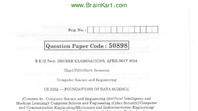 Foundation of Data Science CS3352 - Question Paper April/May 2024 - Studocu