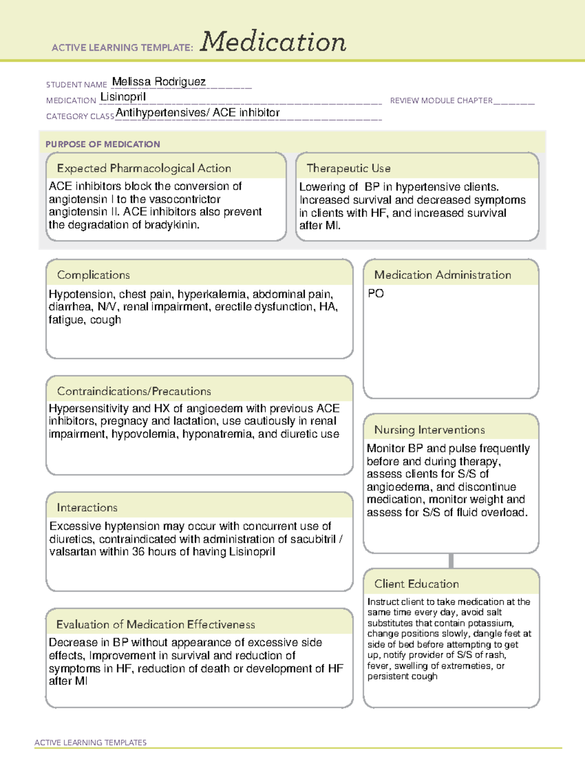 ATI Medication-Lisinopril - ACTIVE LEARNING TEMPLATES Medication ...