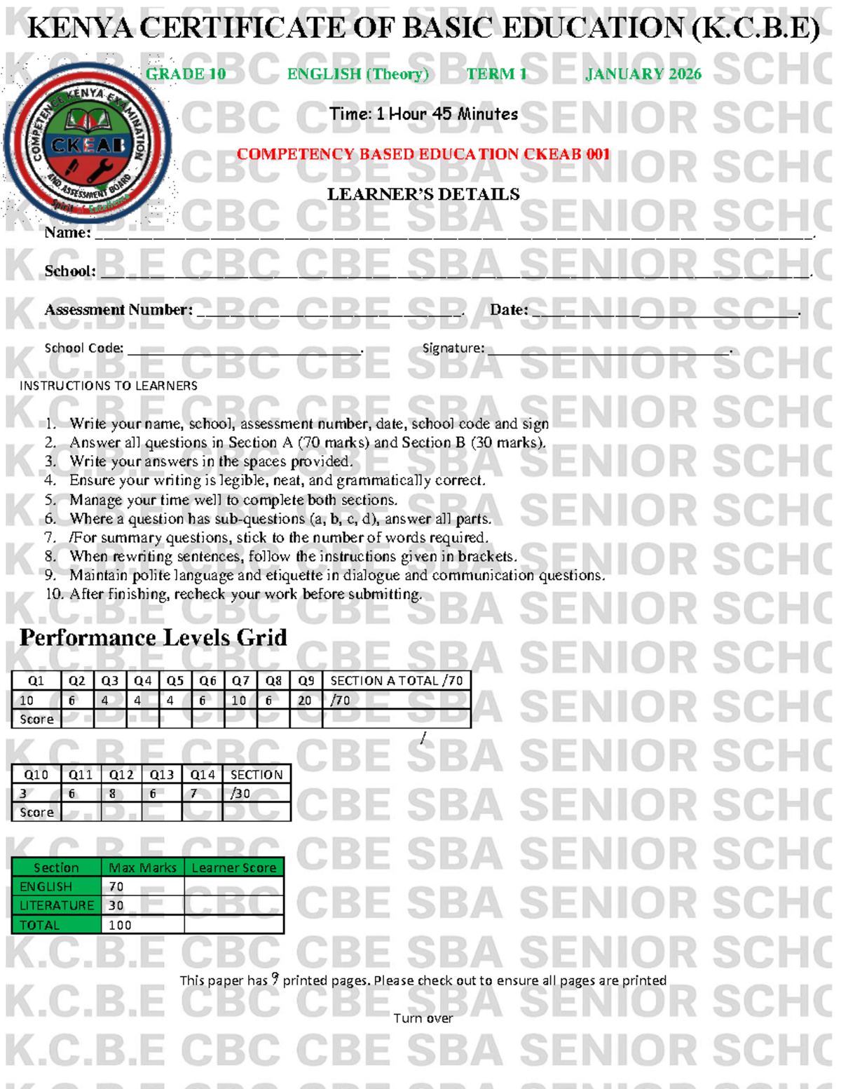 K.C.B.E GRADE 10 ENGLISH (Theory) TERM 1 EXAMINATION 2026 - Studocu