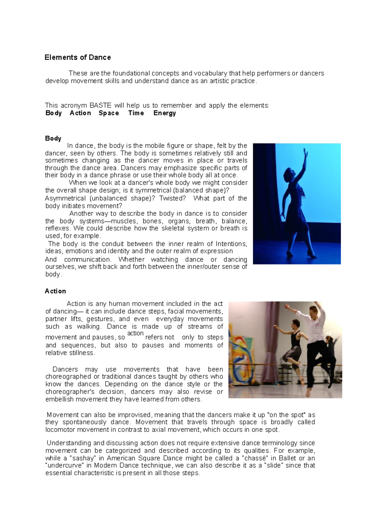 Elements of Dance: Understanding BASTE as Foundational Concepts - Studocu