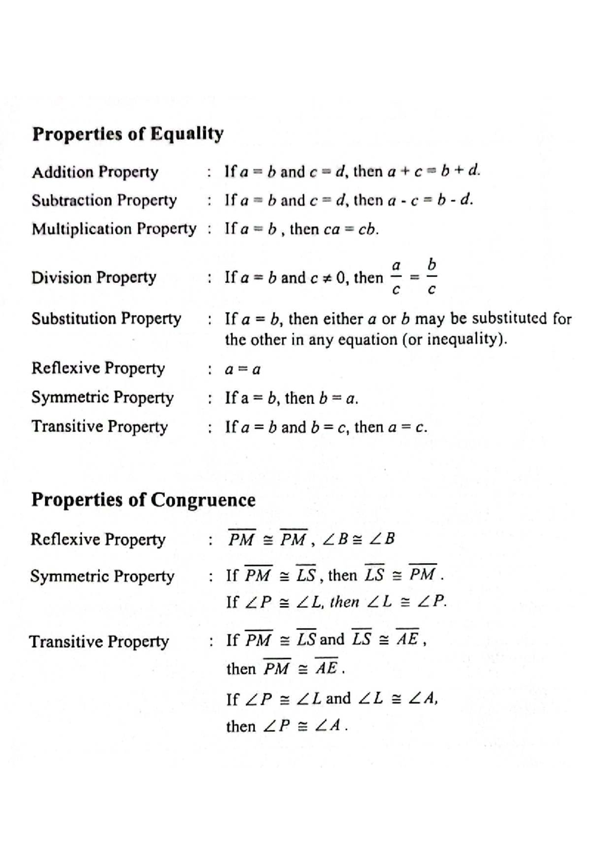 Properties of Equality and Congruence - PM 211 - Studocu