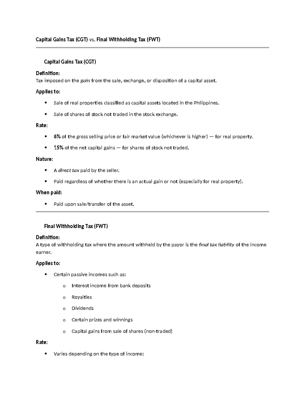 Capital Gains Tax (CGT) vs. Final Withholding Tax (FWT) Overview - Studocu