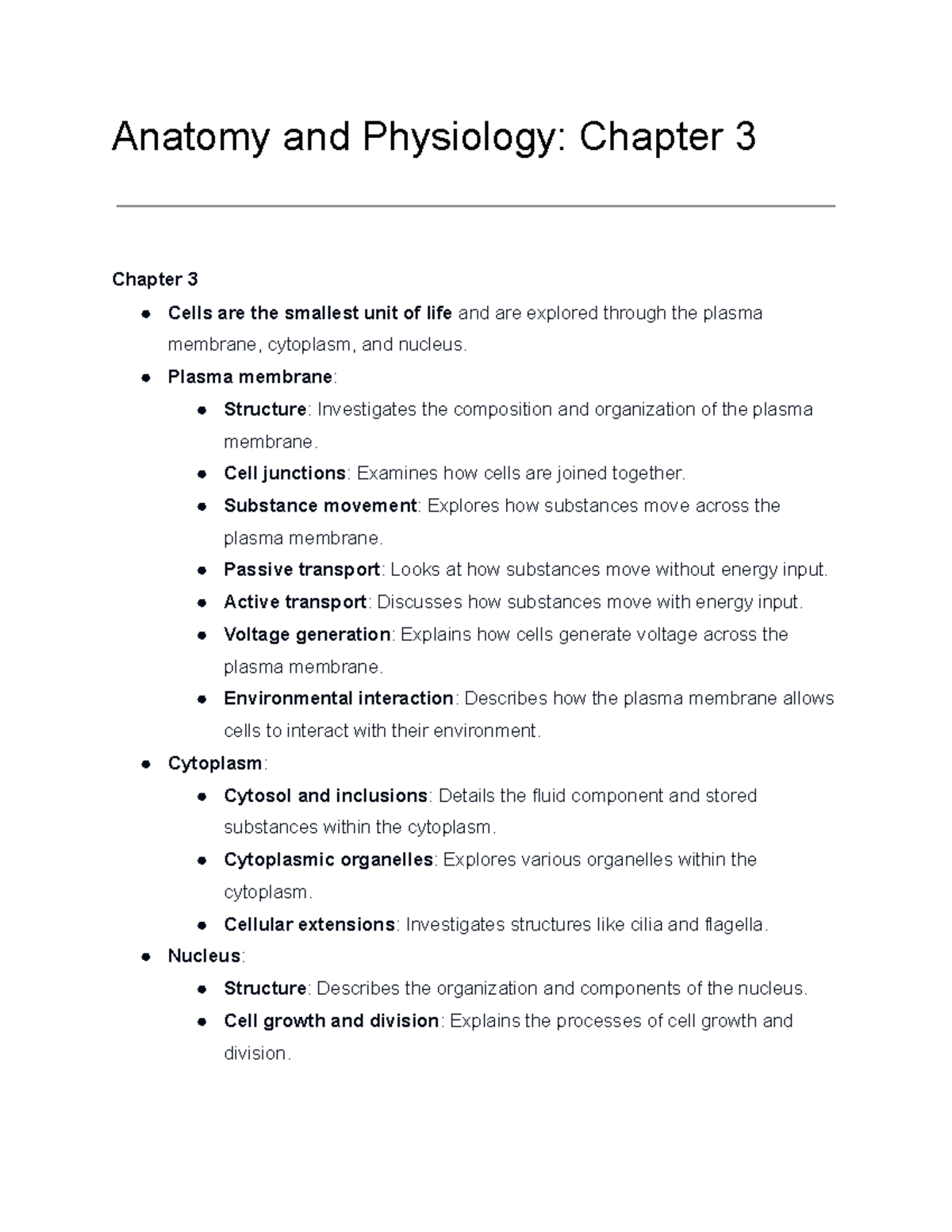 Anatomy and Physiology: Chapter 3 - Cells, Membranes & Transport - Studocu
