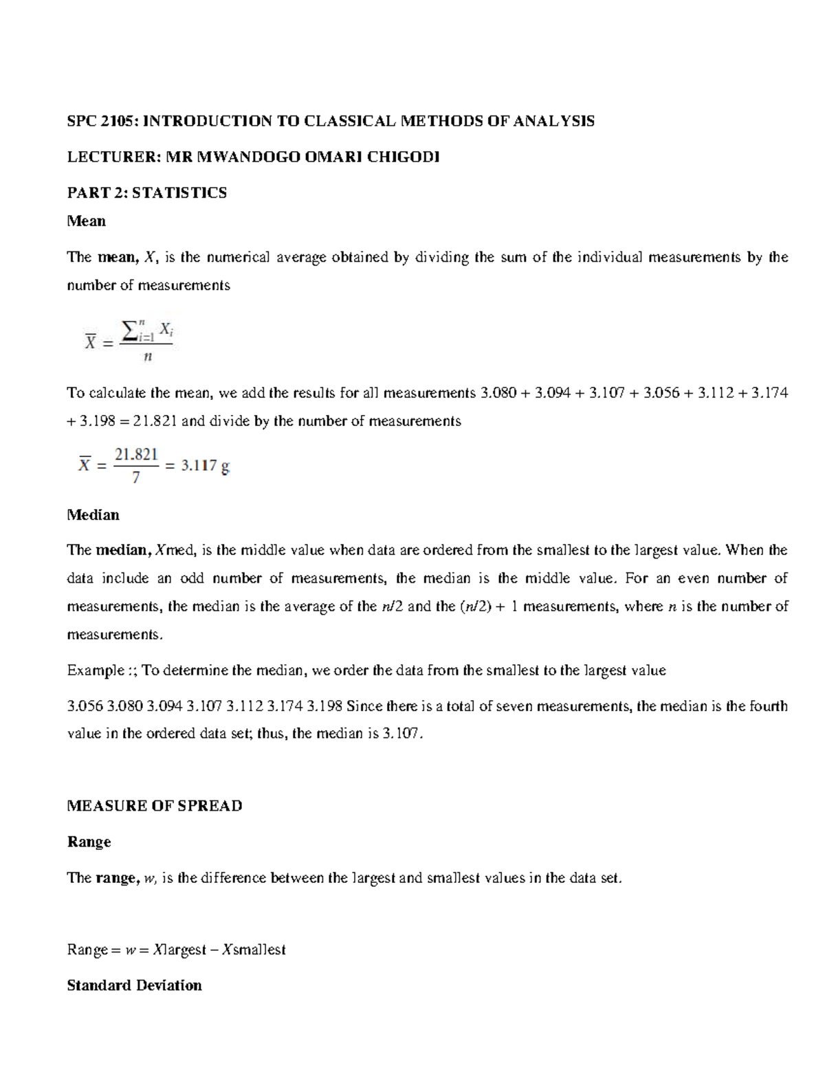 SPC 2105: Classical Methods of Analysis - Statistics and Measures - Studocu