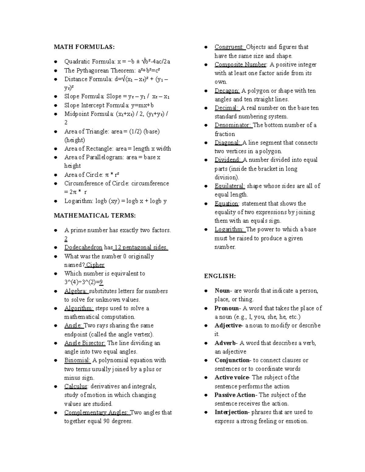 MATH 101: Comprehensive Entrance Exam Reviewer with Key Formulas - Studocu