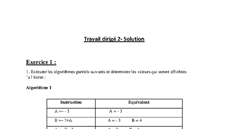 Td2 Algorithme : Solutions et Échanges de Valeurs - Studocu
