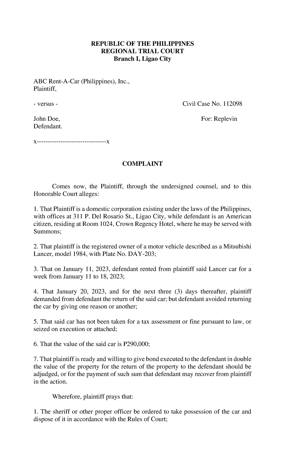Replevin Complaint: ABC Rent-A-Car vs. John Doe (Civil Case No. 112098 ...