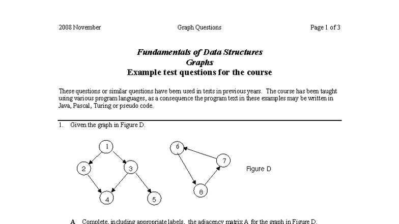 DS-Graph Questions: Sample Exam for Fundamentals of Data Structures ...