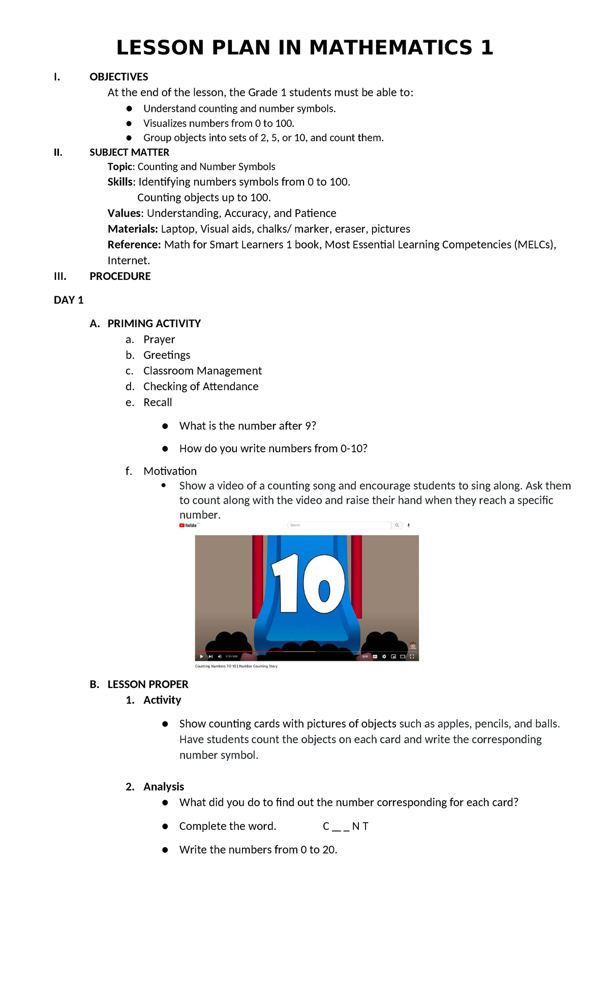 MATHEMATICS 1 LESSON PLAN: COUNTING & NUMBER SYMBOLS (Week 1) - Studocu