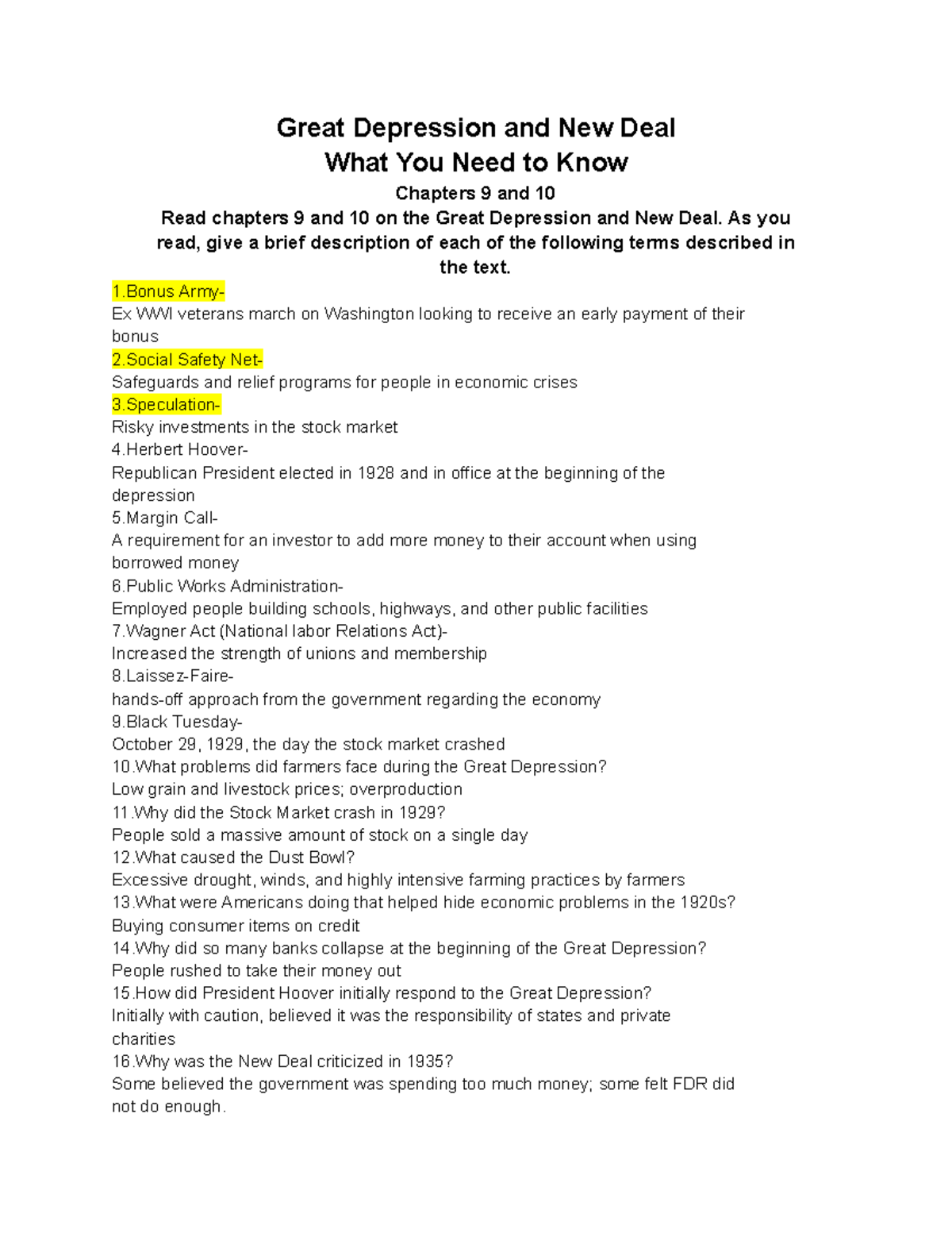 Great Depression & New Deal Overview: Key Terms from Ch. 9-10 - Studocu