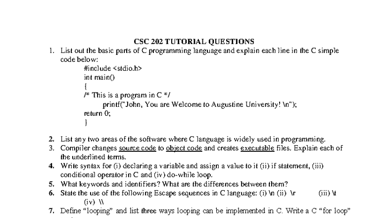 CSC 202 C Programming Language Tutorial Questions and Exercises - Studocu