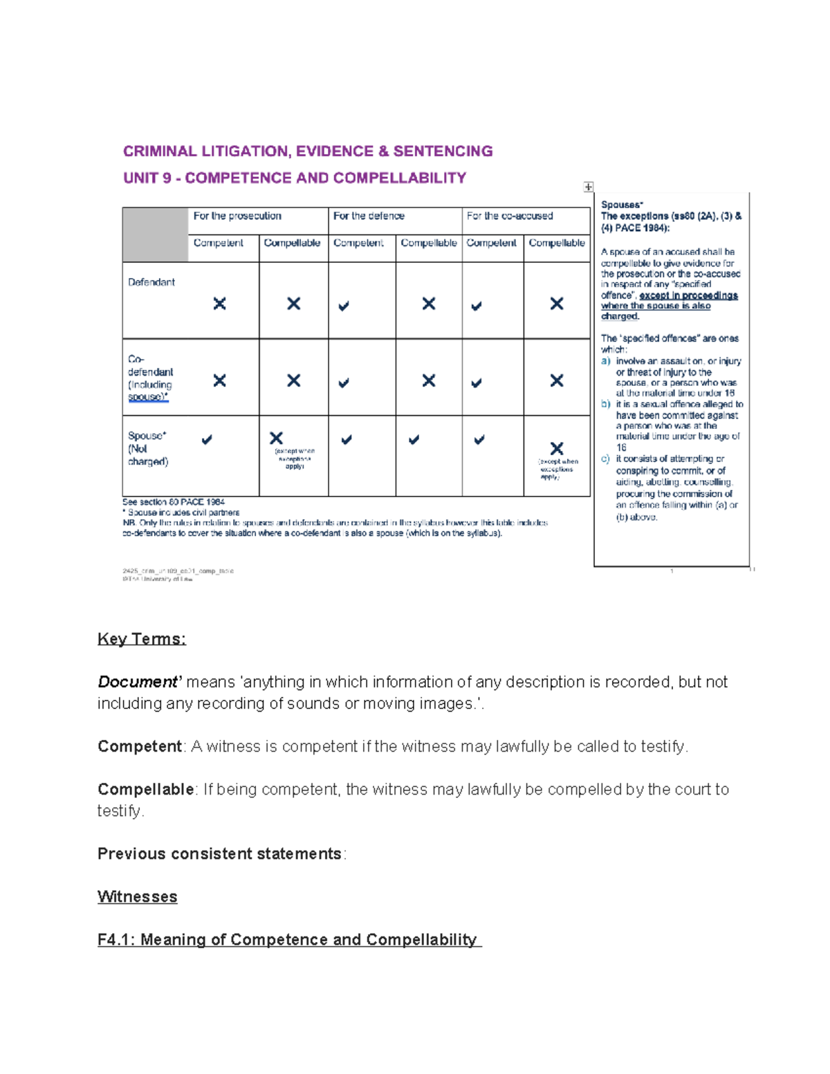 Crim Lit Unit 9 - Key Terms on Witness Competence & Evidence - Studocu