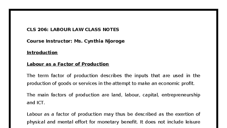 CLS 206: Updated Labour Law Class Notes and Key Concepts - Studocu