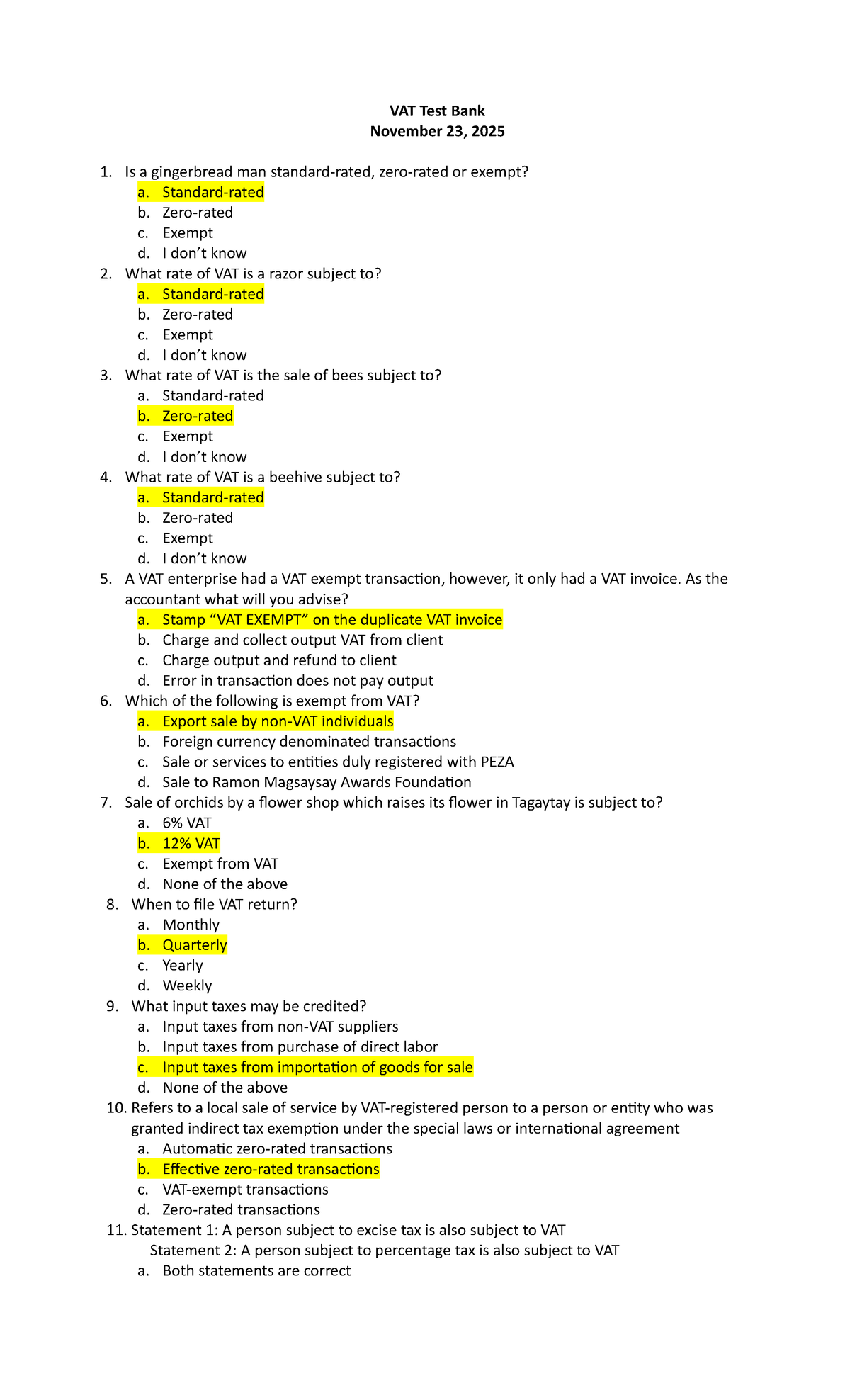 VAT Test Bank - 20 item quiz with VAT - VAT Test Bank November 23, 2025 ...