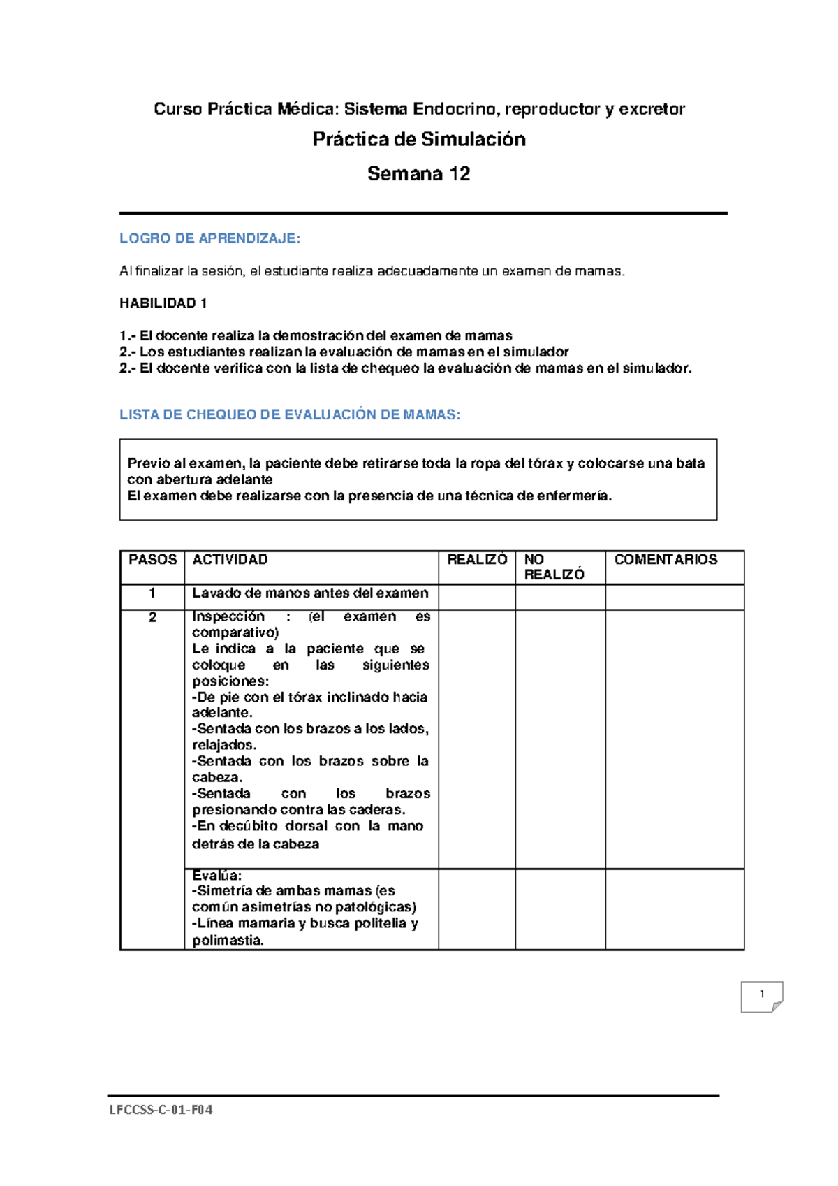 Guía de Práctica Médica: Examen de Mamas - Semana 12 - Studocu
