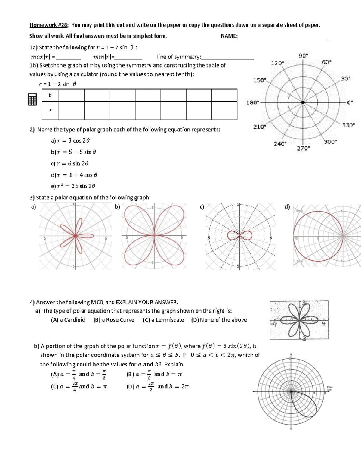 HW28: Rose Curves Practice Homework - Polar Graphs & Equations - Studocu
