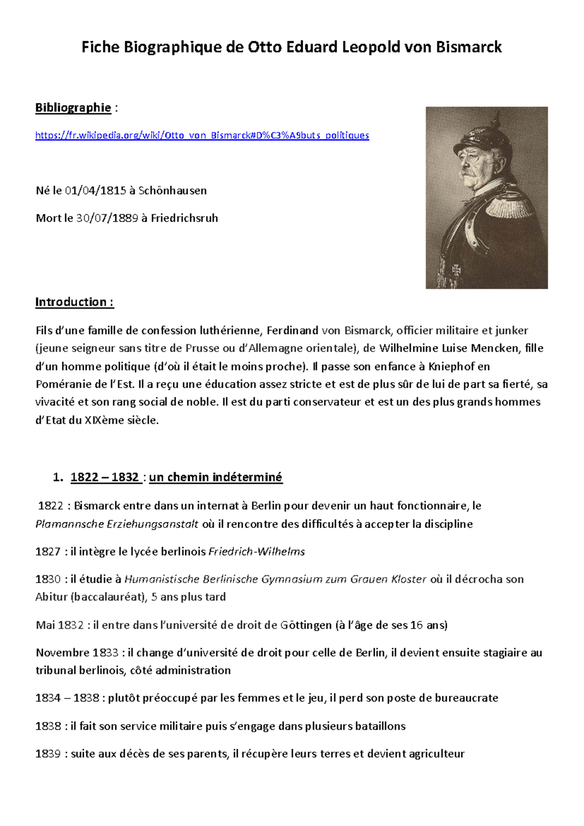 Fiche Biographique de Otto von Bismarck - Fiche Biographique de Otto ...
