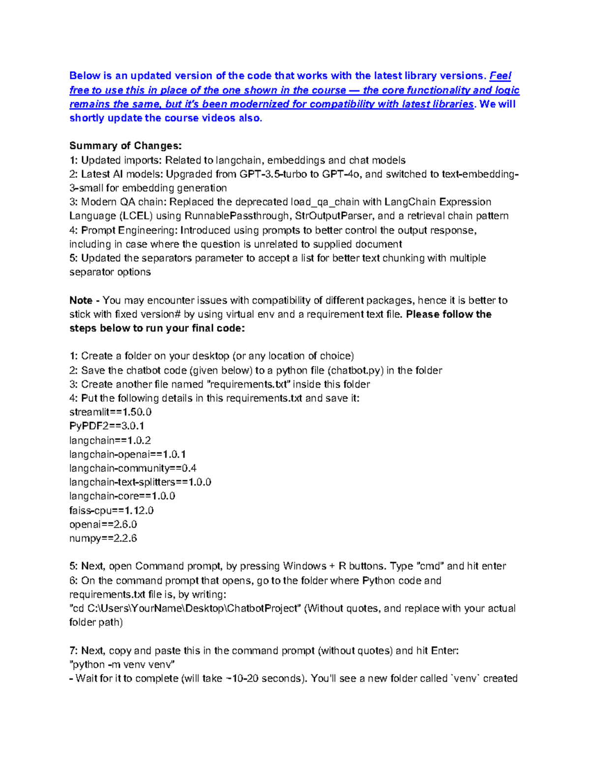 Updated Chatbot Code for Compatibility with Latest Libraries - Lecture ...