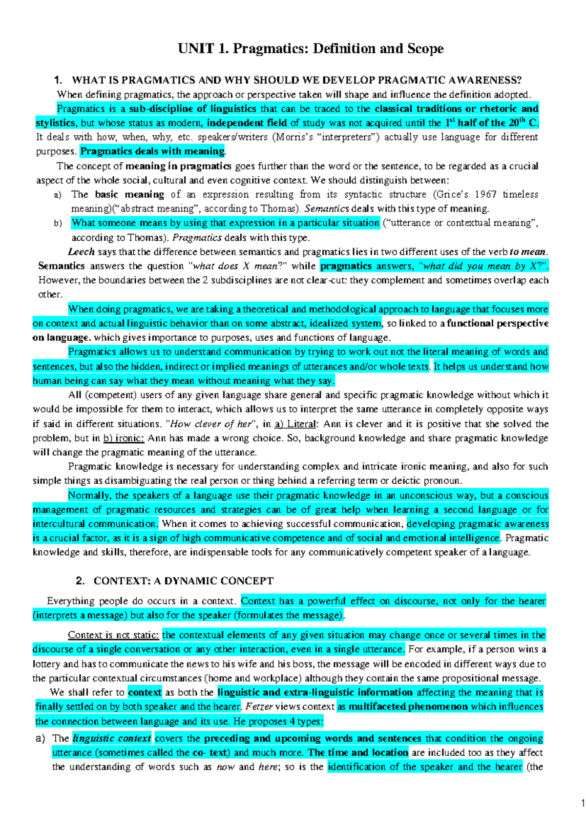 UNIT 1. Pragmatics: Definition, Scope, and Contextual Understanding ...