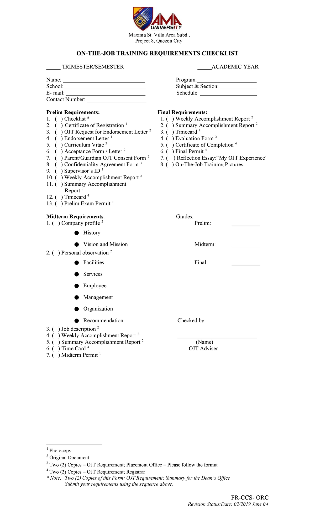 NEW - OJT Requirement Checklist 2019 CCS - Maxima St. Villa Arca Subd ...