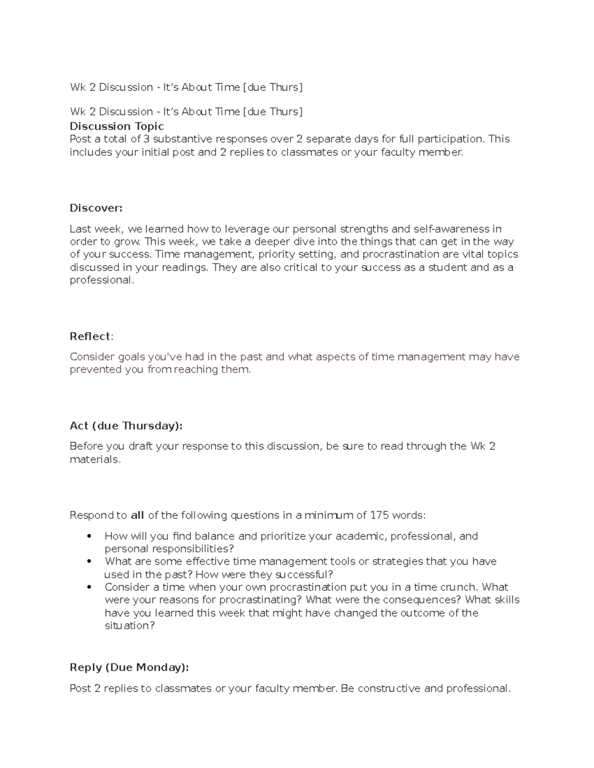 Wk 2 Discussion Post: Time Management & Academic Success Insights - Studocu