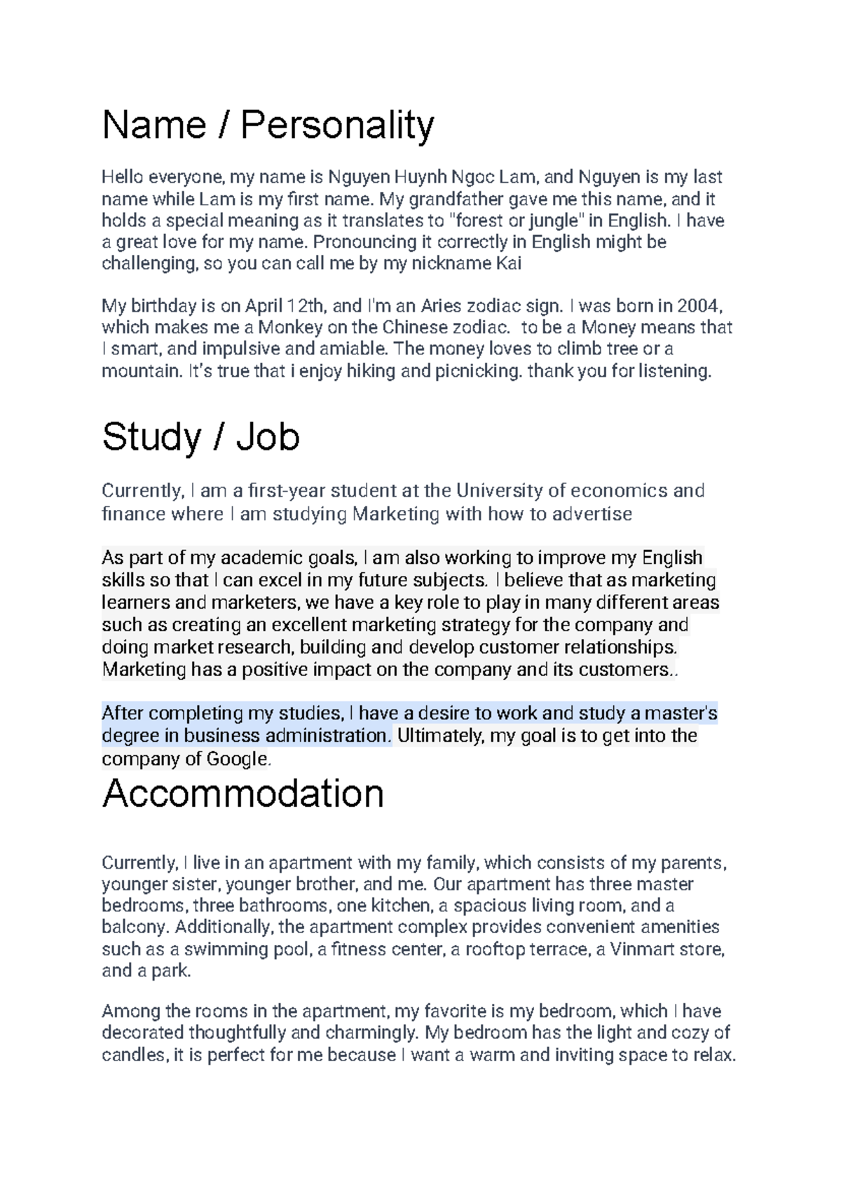 ENG101: Personal Introduction and Life Overview Essay - Studocu