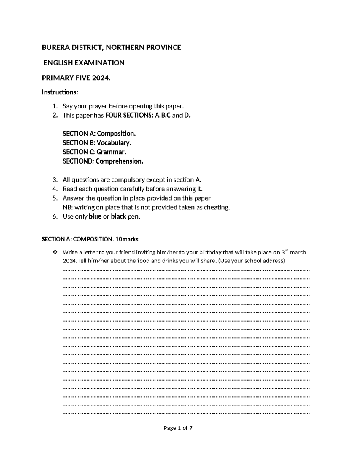 P5 ENGLISH EXAMINATION 2024: COMPOSITION, VOCABULARY & GRAMMAR - Studocu