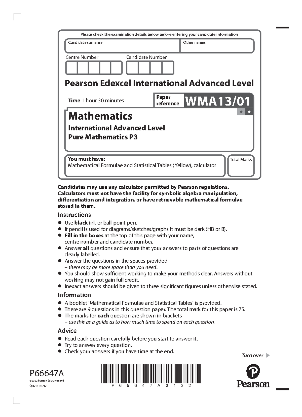 P3 2022 May 22 QP - Mathematics International Advanced Level Exam Paper ...