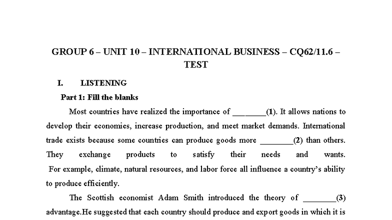 Group 6 UNIT 10 International Business Test I: Listening & MCQ - Studocu