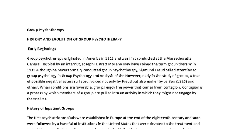 Week 8 - Group Psychotherapy: History, Theories, and Techniques - Studocu