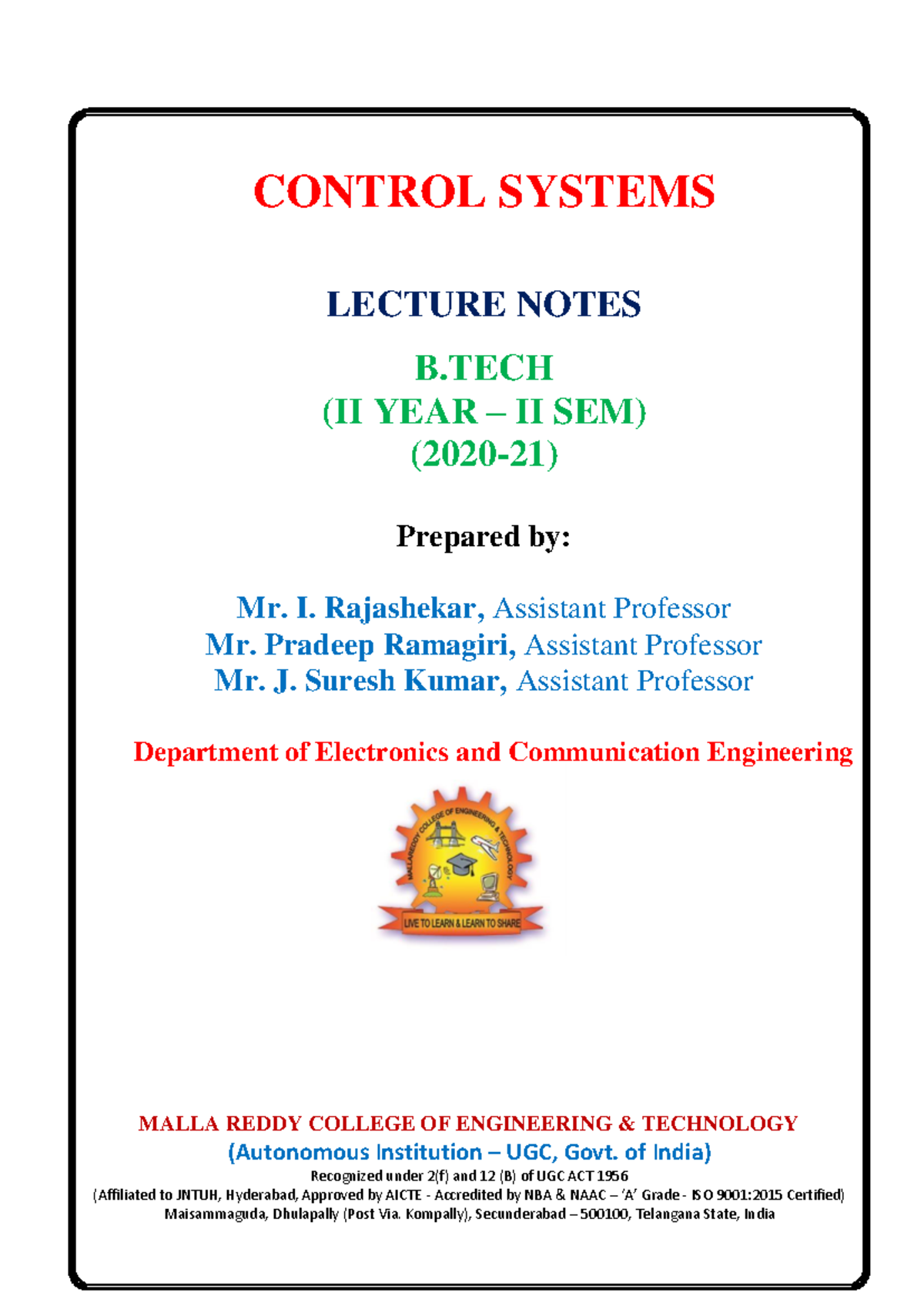 Control Systems - CONTROL SYSTEMS LECTURE NOTES B (II YEAR – II SEM ...