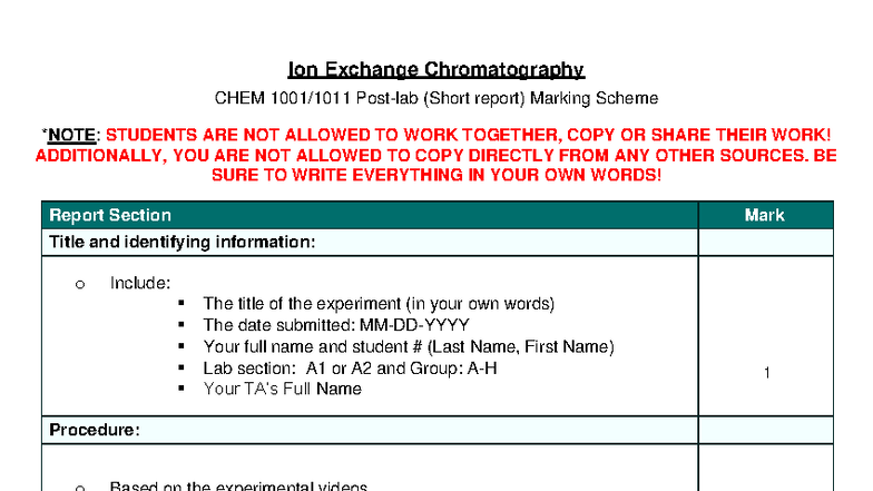Ion Exchange Chromatography CHEM Short Report Marking Scheme - Studocu