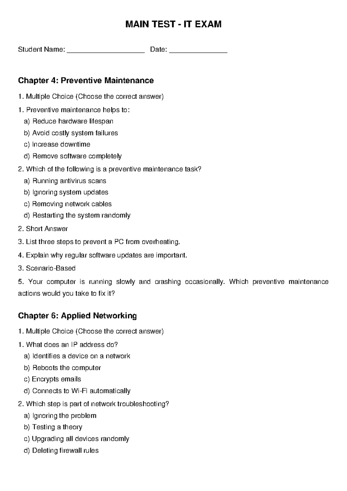 Main Test IT Exam - FIT: Preventive Maintenance & Networking - Studocu
