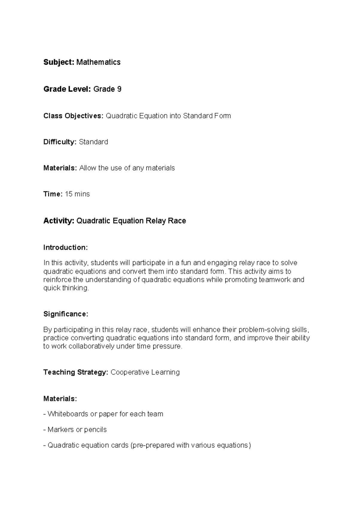 Grade 9 Math: Quadratic Equations Relay Race Activity - Studocu