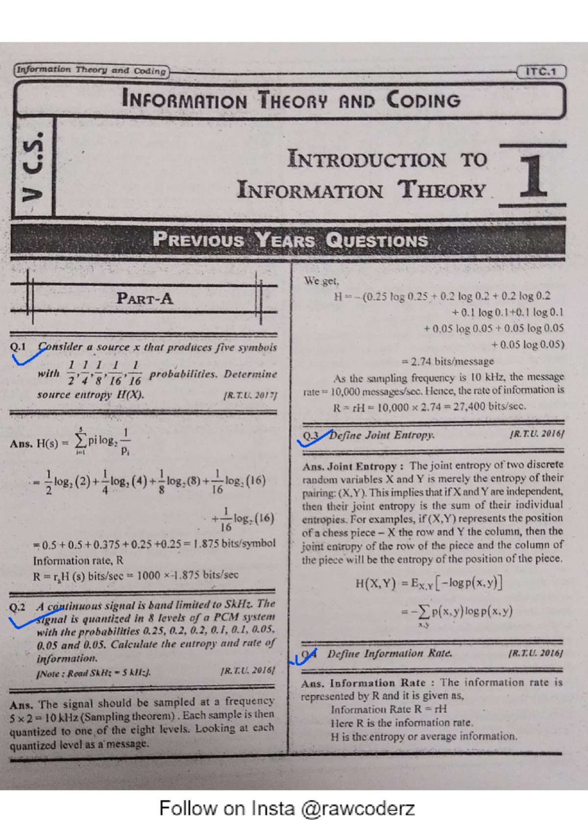 5CS3-01-ITC NK - Nk rtu 5th sem cs it contains most important question - Information Theory and ...