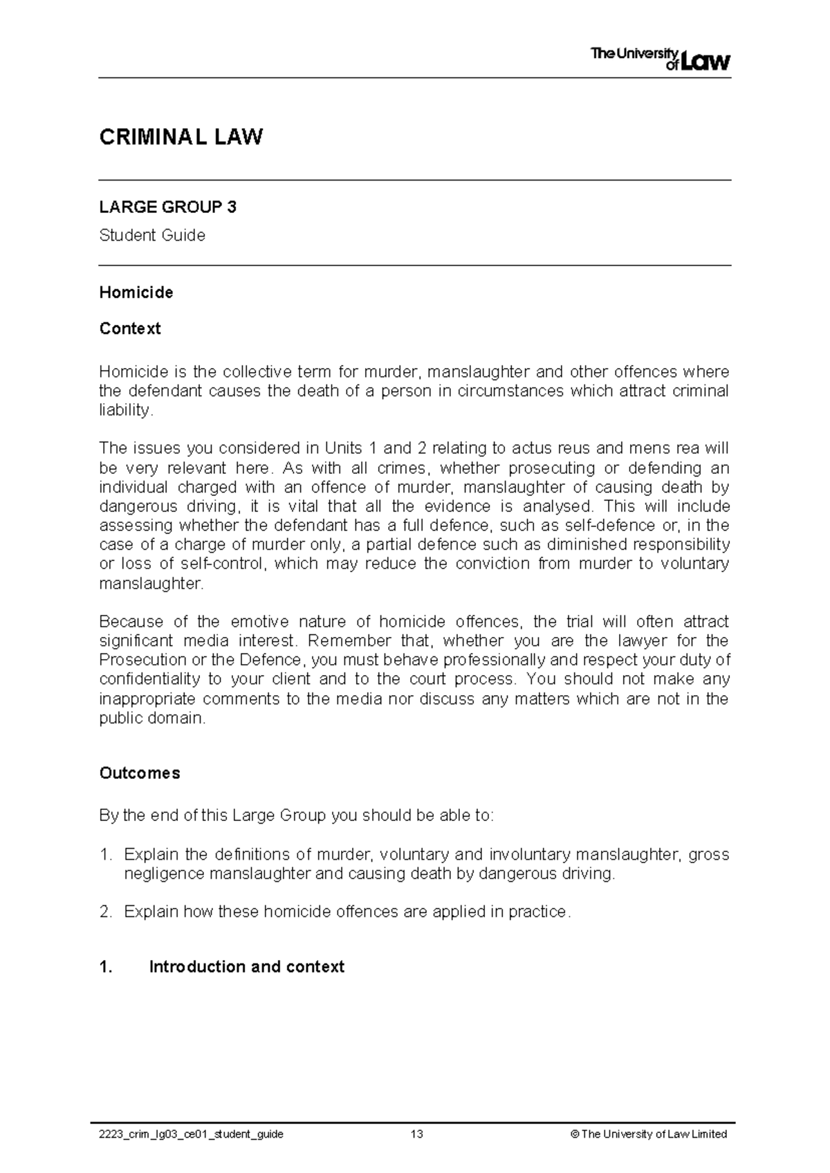 Criminal law Unit 3 Student guide - CRIMINAL LAW LARGE GROUP 3 Student ...
