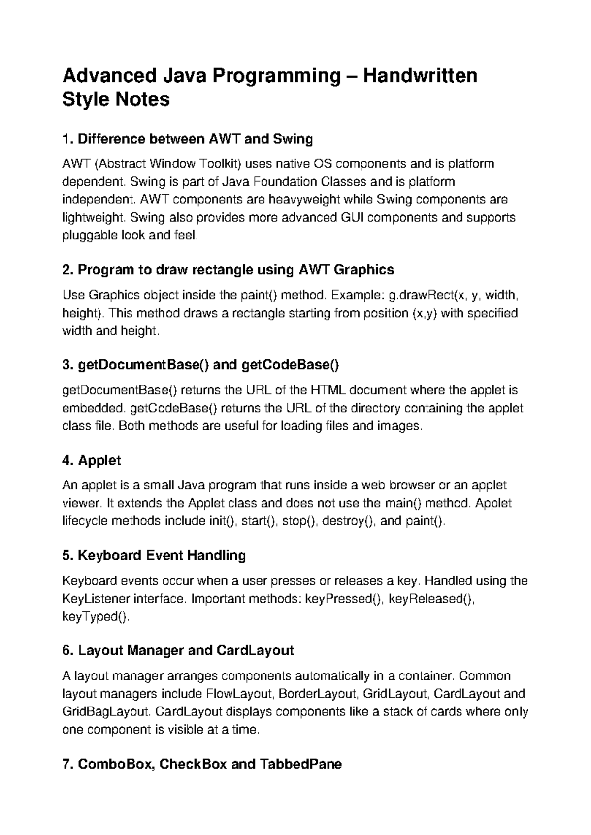 Advanced Java Programming (CS101) Handwritten Notes on AWT & Swing ...