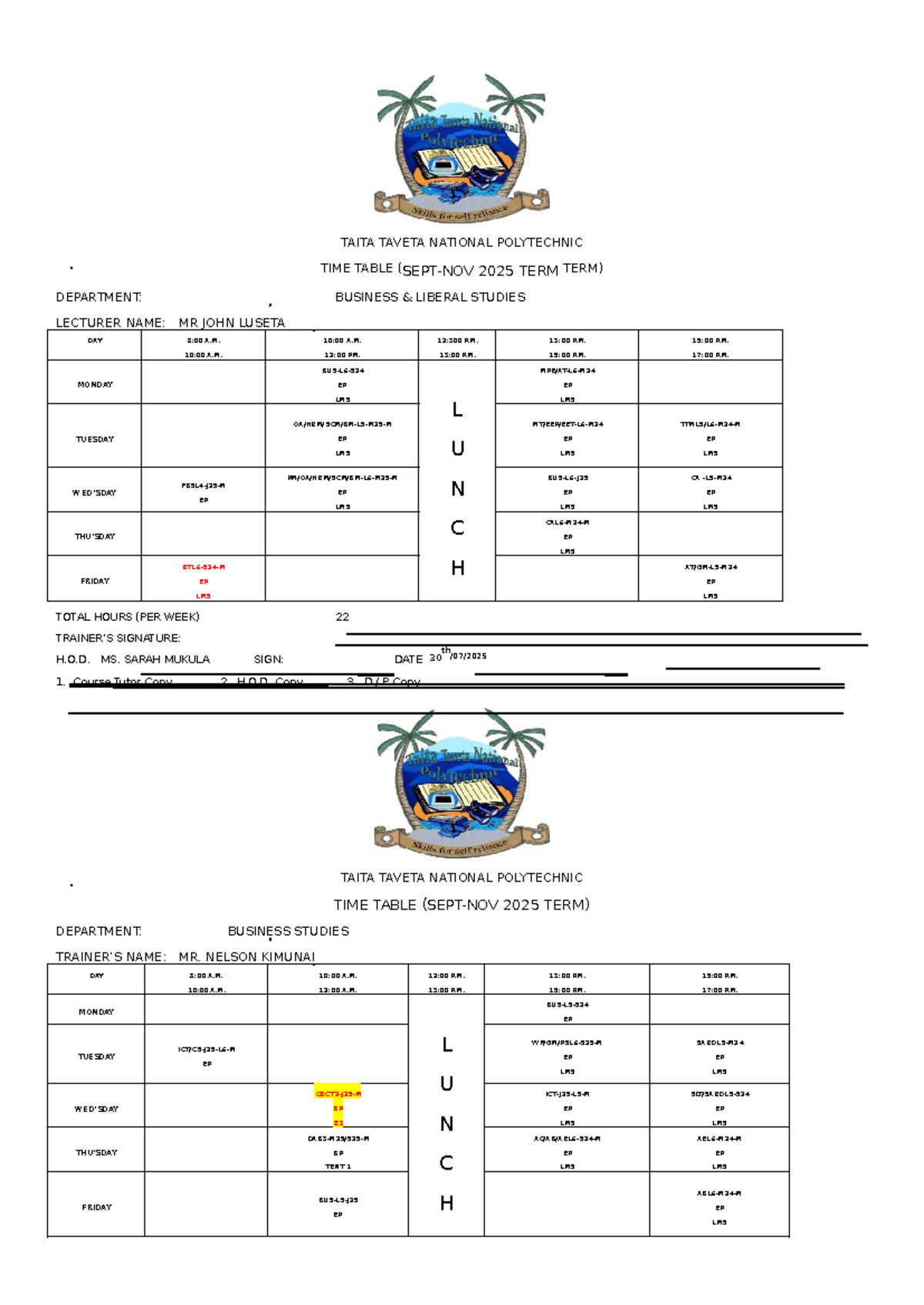 TAITA TAVETA POLYTECHNIC BUSINESS STUDIES TIME TABLE 2025 - Studocu