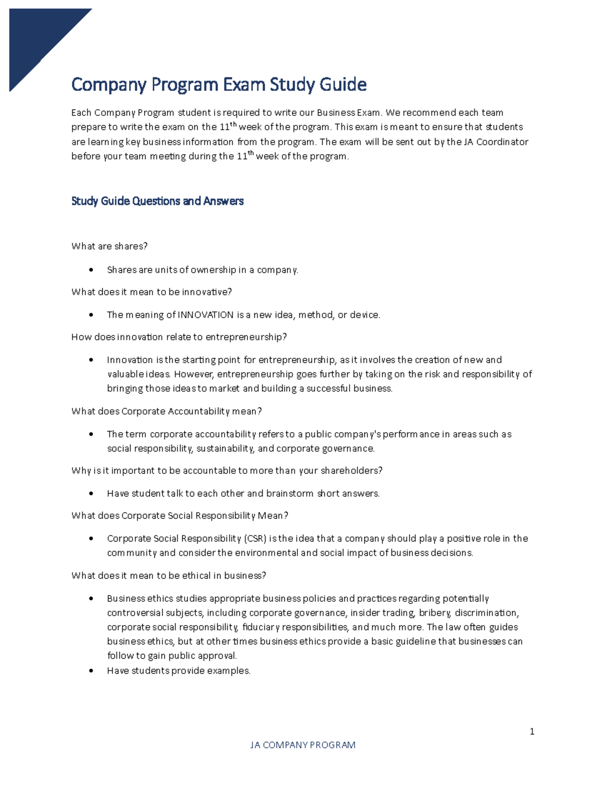 JA Company Program Business Exam Study Guide - Studocu