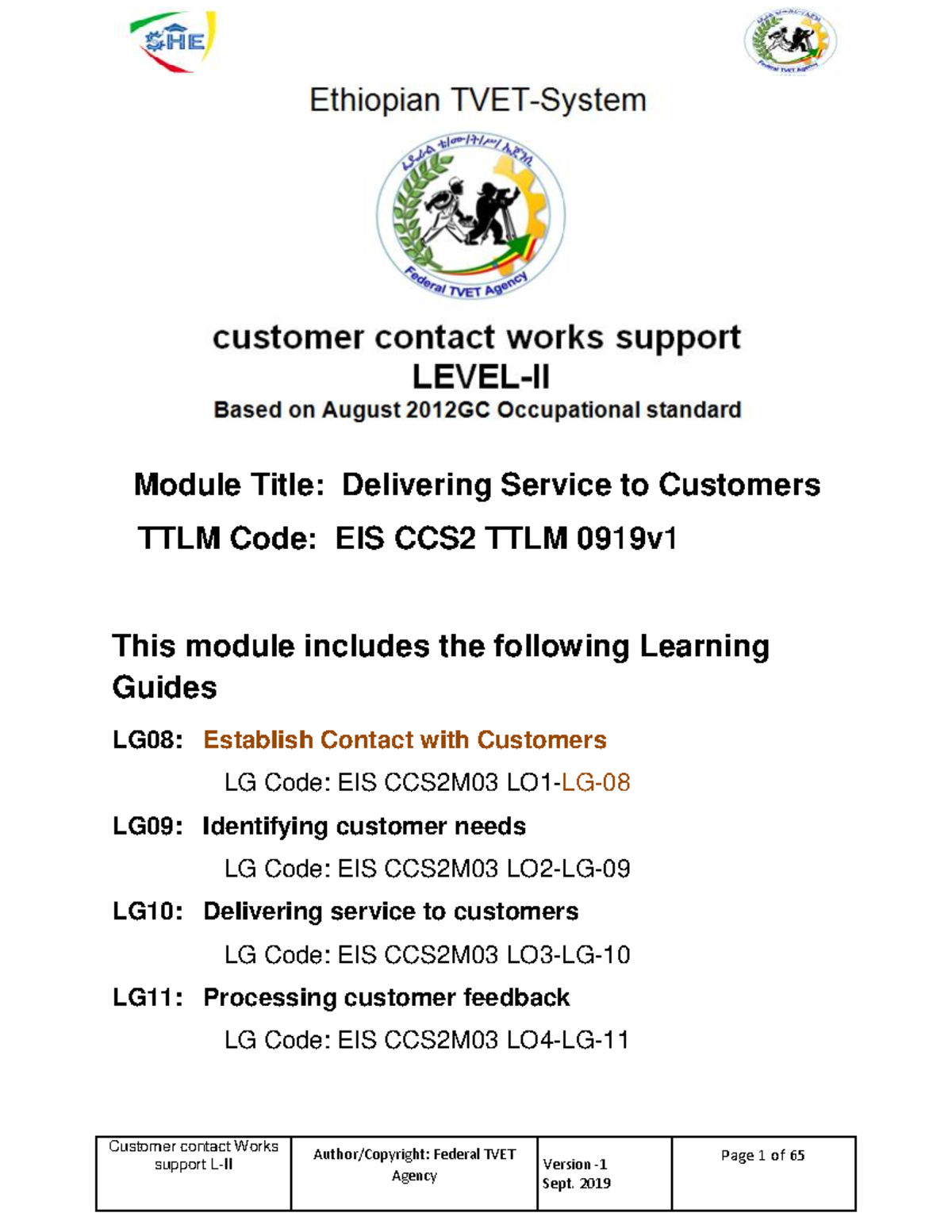 Customer Service Skills Learning Guide: EIS CCS2 TTLM 0919v1 - Studocu