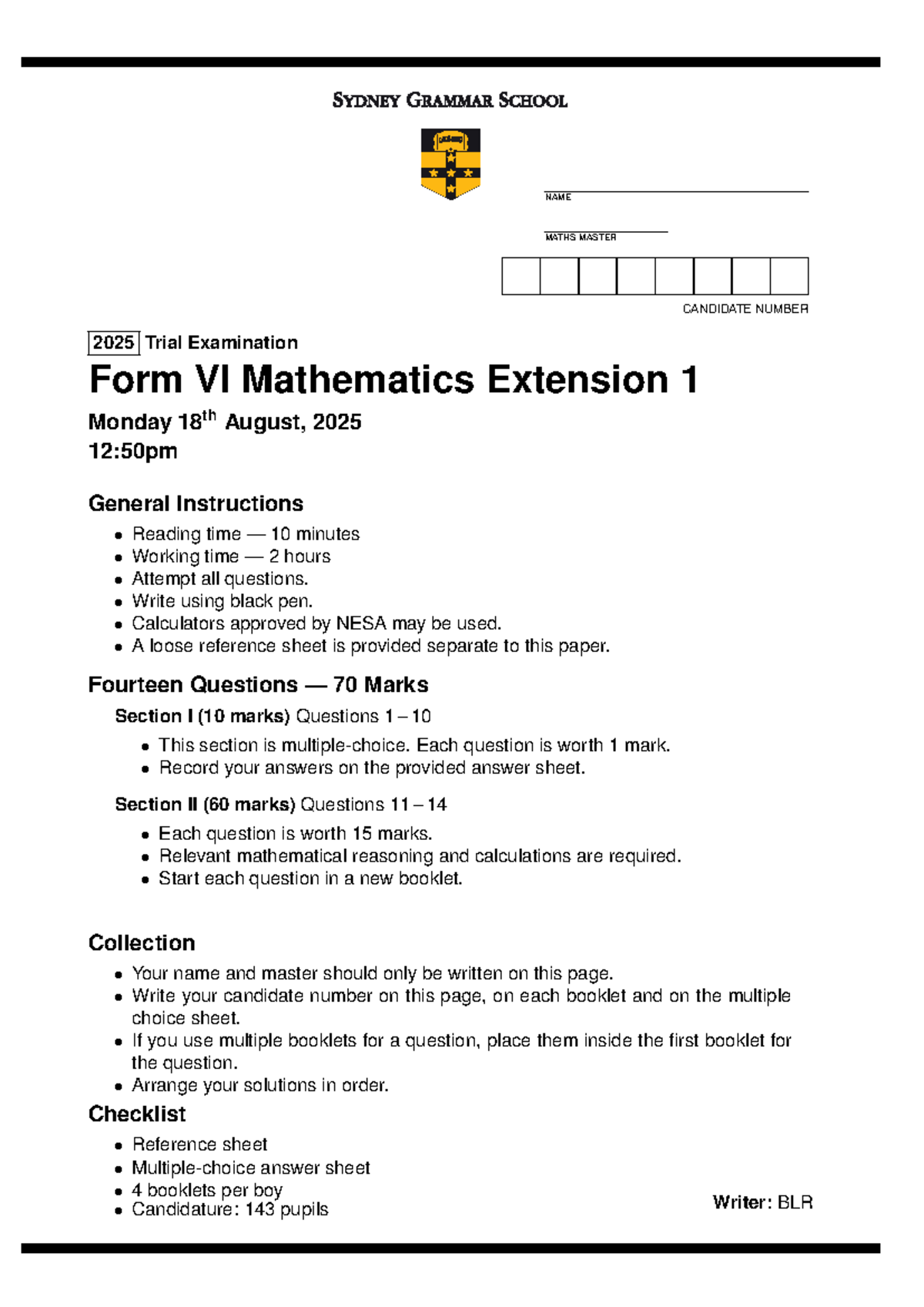 Form VI Mathematics Extension 1 Trial Exam 2025 - Sydney Grammar - Studocu