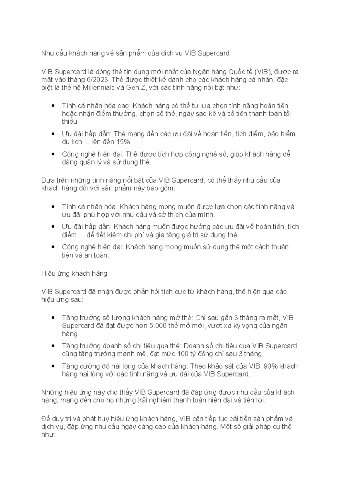 Nhu cầu khách hàng về sản phẩm của dịch vụ VIB Supercard - Nhu cầu ...