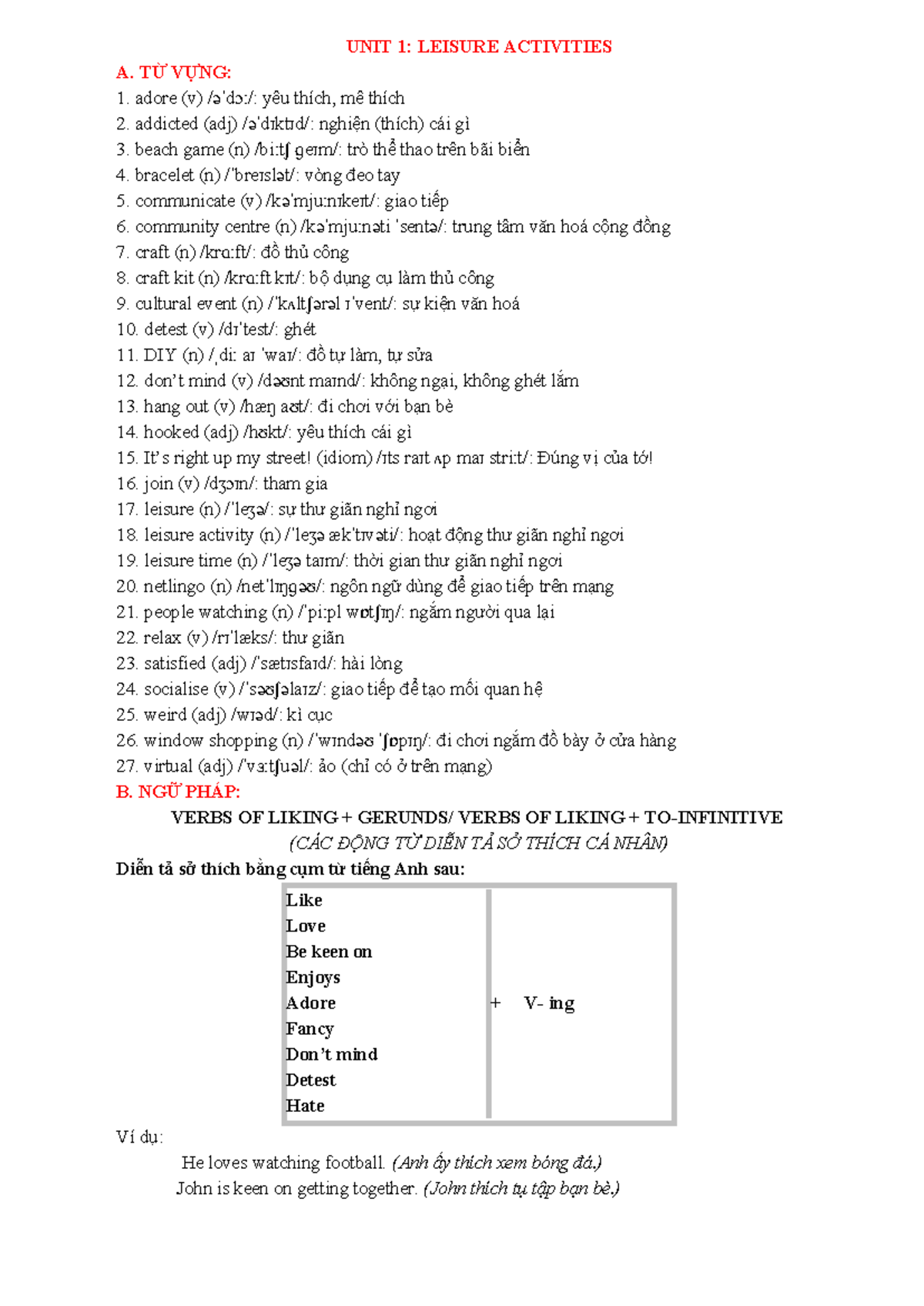 UNIT 1: LEISURE ACTIVITIES - VOCABULARY & GRAMMAR EXERCISES - Studocu