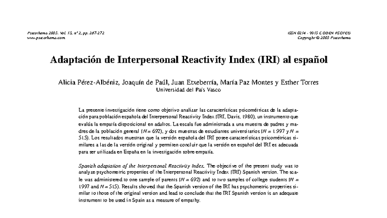 Adaptación del Interpersonal Reactivity Index (IRI) al Español - Studocu