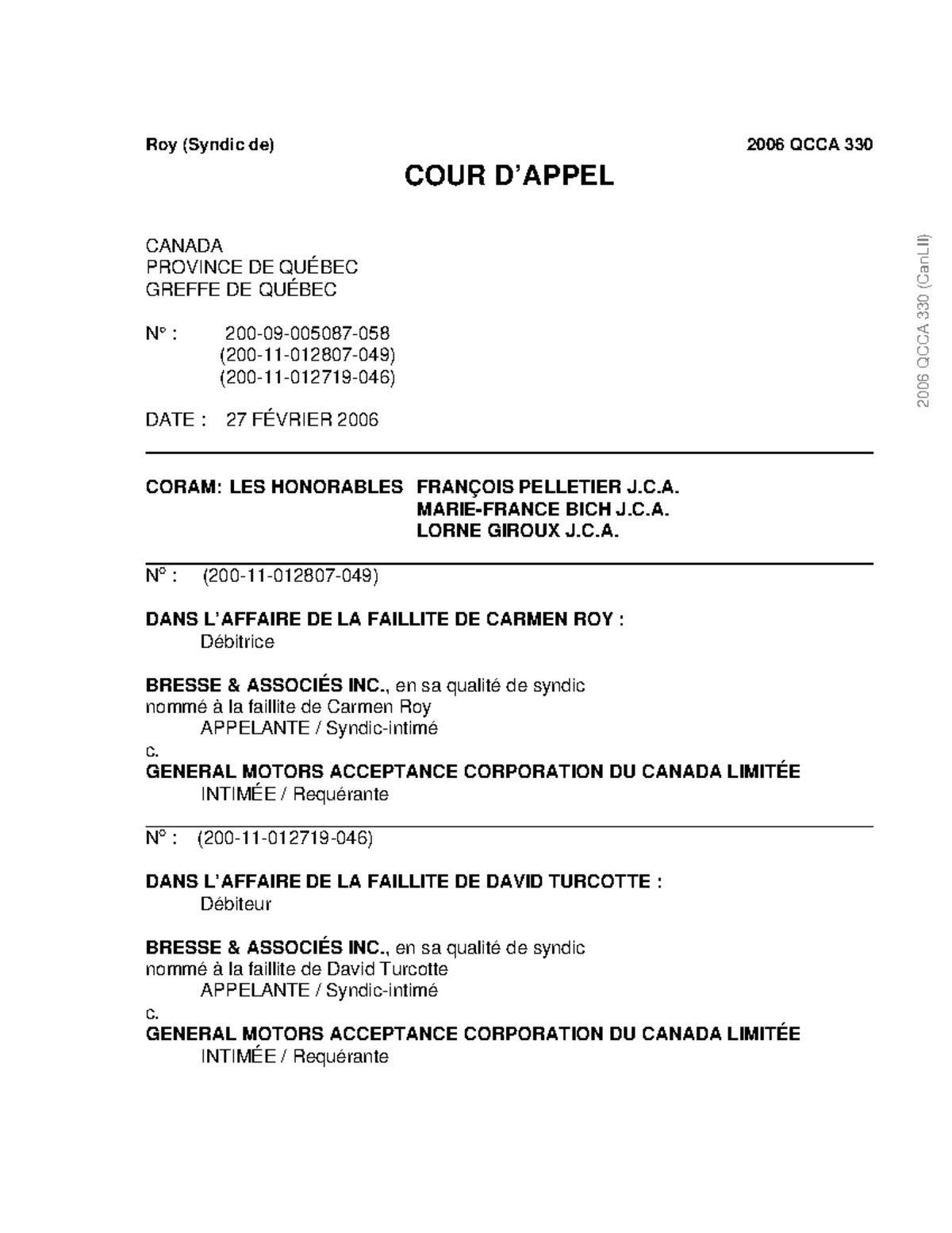 2006 QCCA 330 : Analyse de la Faillite de Carmen Roy et David Turcotte ...